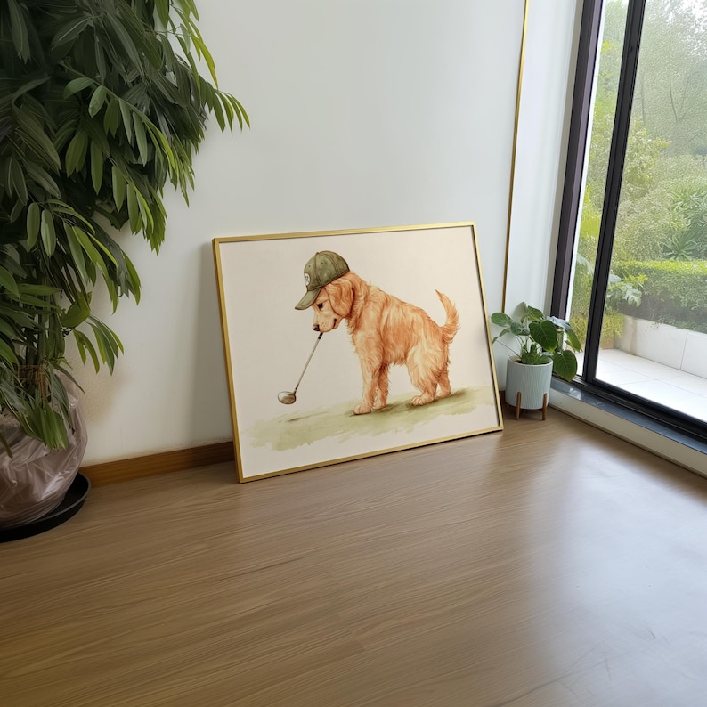 Vintage Retro Golf Wall Art, Cute Golden Retriever Puppy Print, Golfing ...