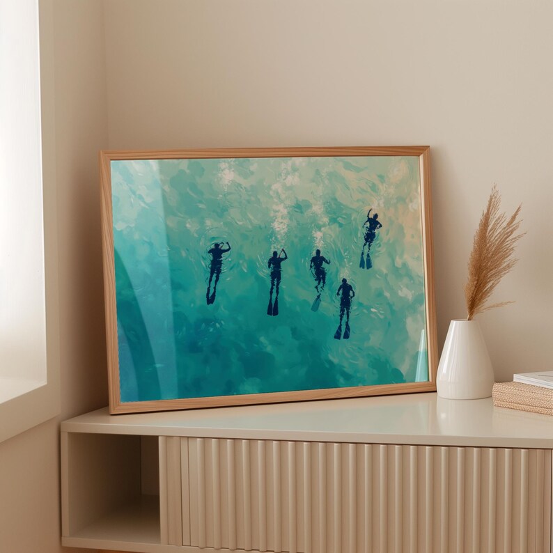 Minimalist Scuba Diving Art, Diver Swimming Ocean Poster, Deep Blue Sea ...