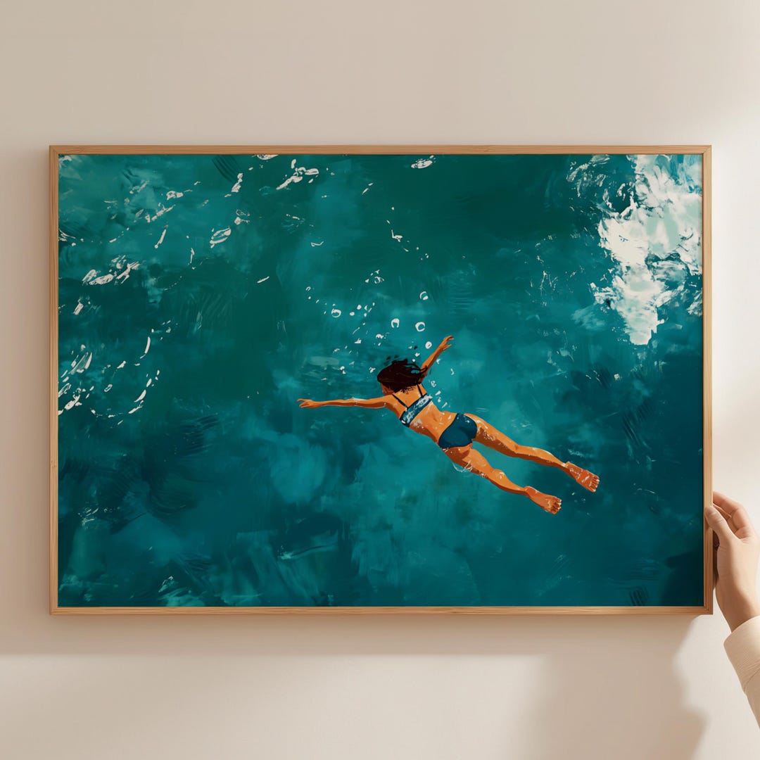 Woman Swimming Sea Art, Blue Summer Swimsuit Print, Beach Diving ...