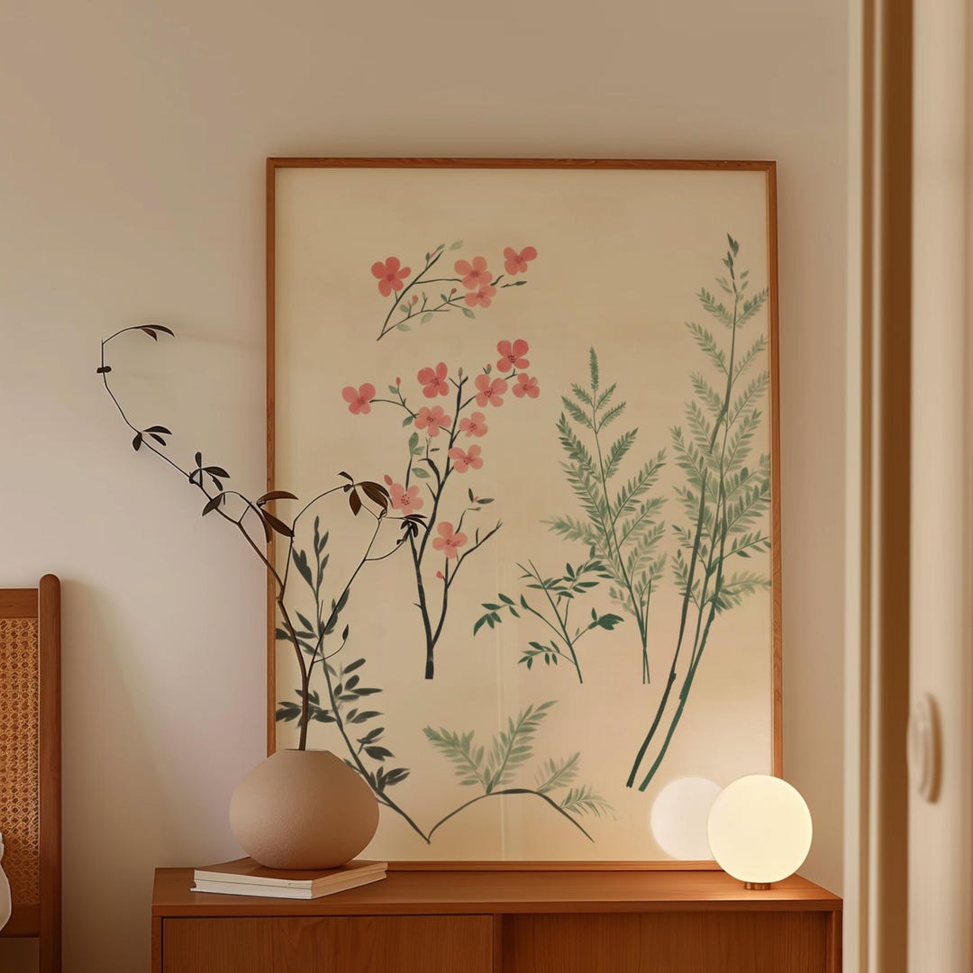 Japandi Flower Home Decor, Pink Sakura Stem Print, Fern Leaves Wall Art ...