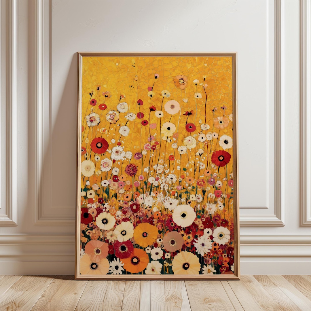 Gustav Klimt Flower Garden Print, Colorful Floral Botanical Landscape Art, Yellow Red Abstract ...
