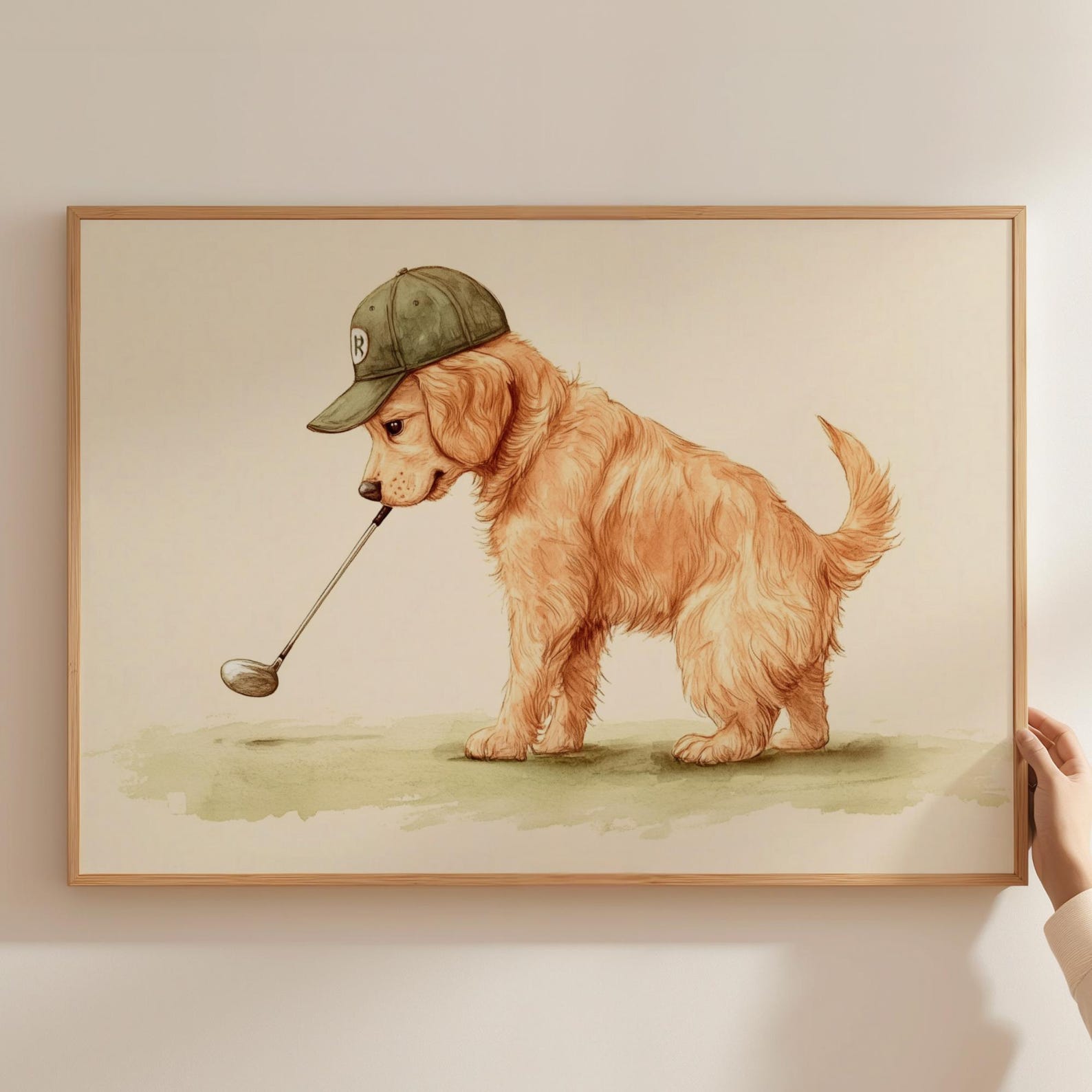 Vintage Retro Golf Wall Art, Cute Golden Retriever Puppy Print, Golfing ...