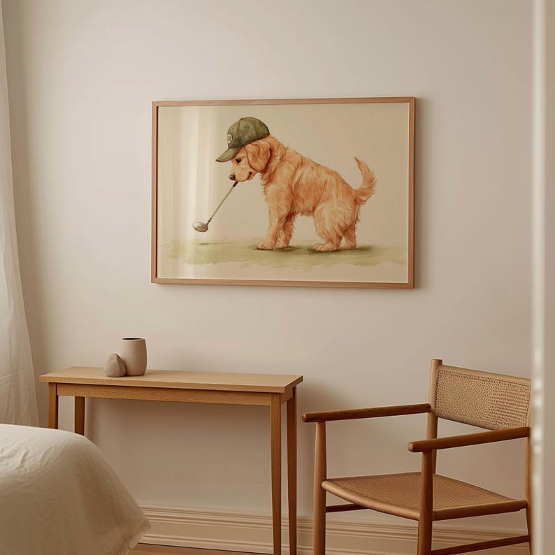 Vintage Retro Golf Wall Art, Cute Golden Retriever Puppy Print, Golfing ...