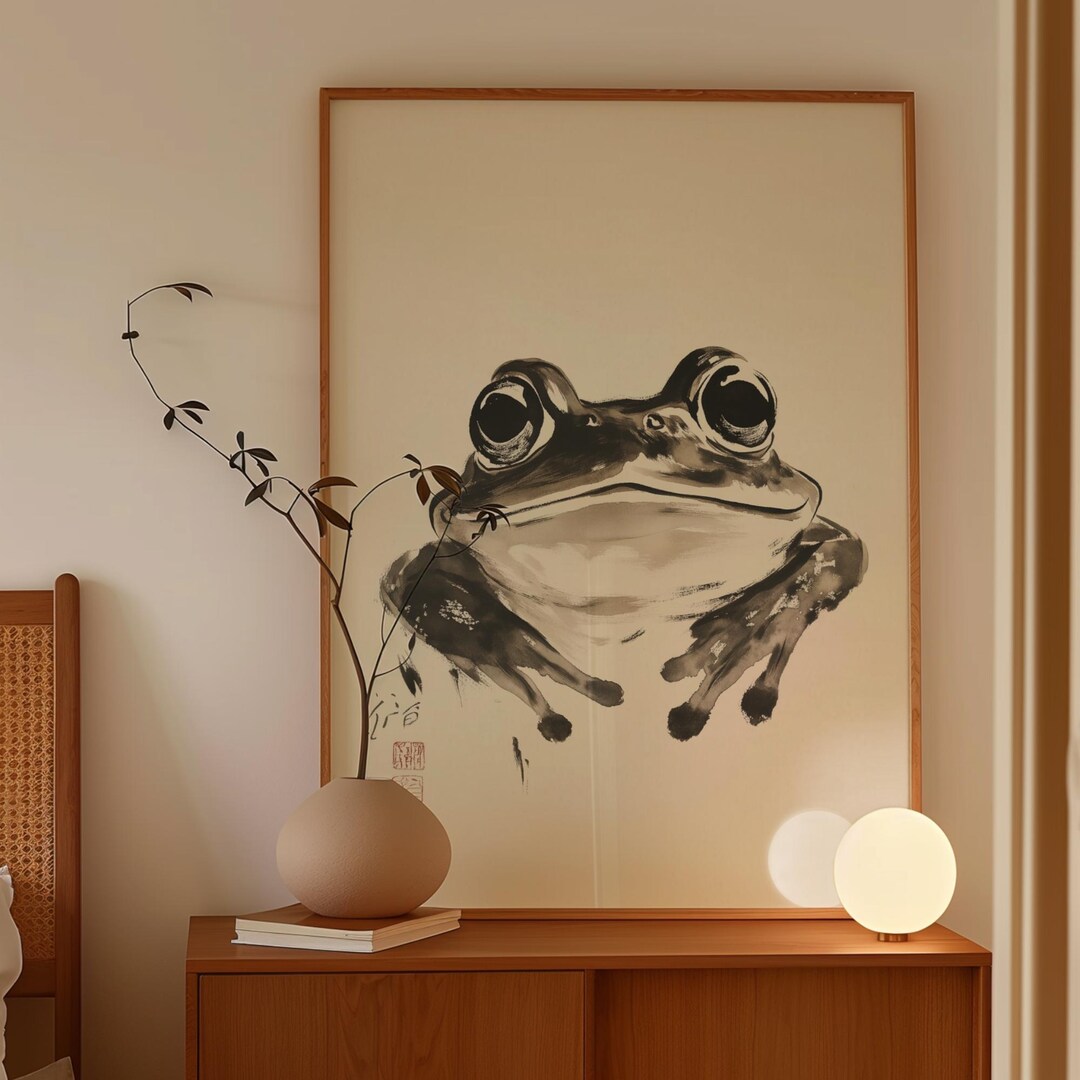 Japanese Frog Woodblock Art, Vintage Black Toad Print, Cute Funny Frog ...