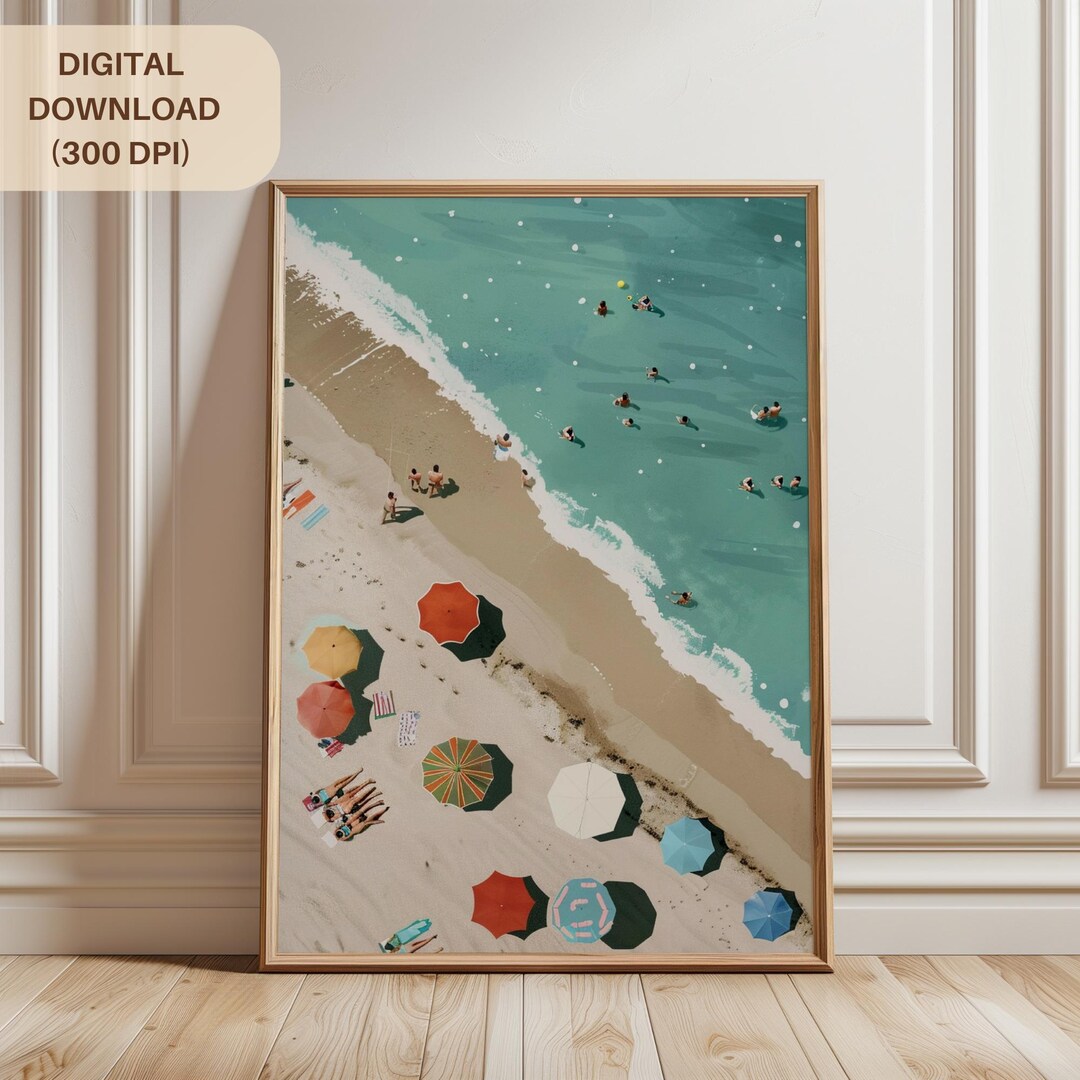Retro Blue Beach Prints, Vintage Summer Poster, Swimming Wall Art ...
