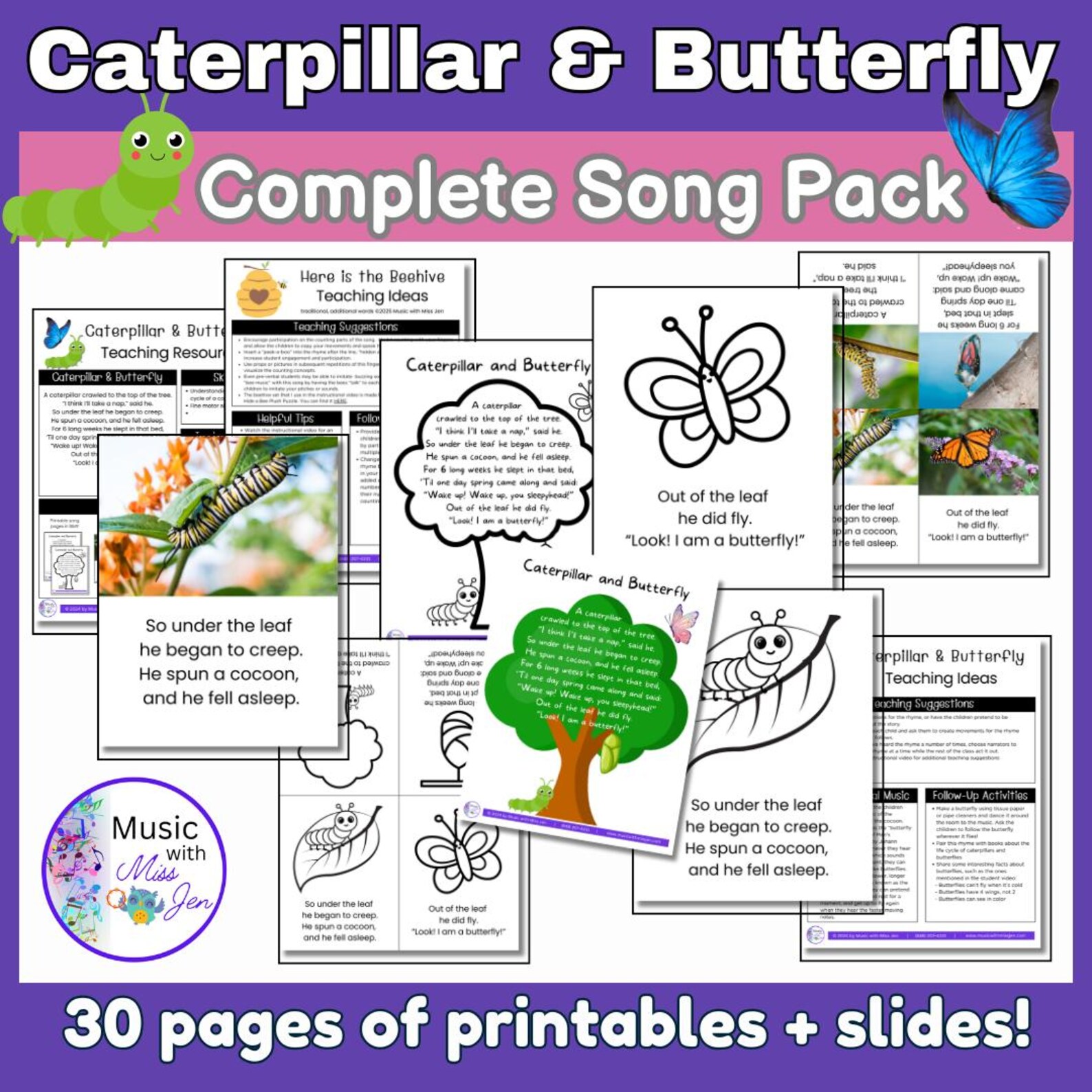 Caterpillar and Butterfly Fingerplay: Music, Slides, & Printables - Etsy