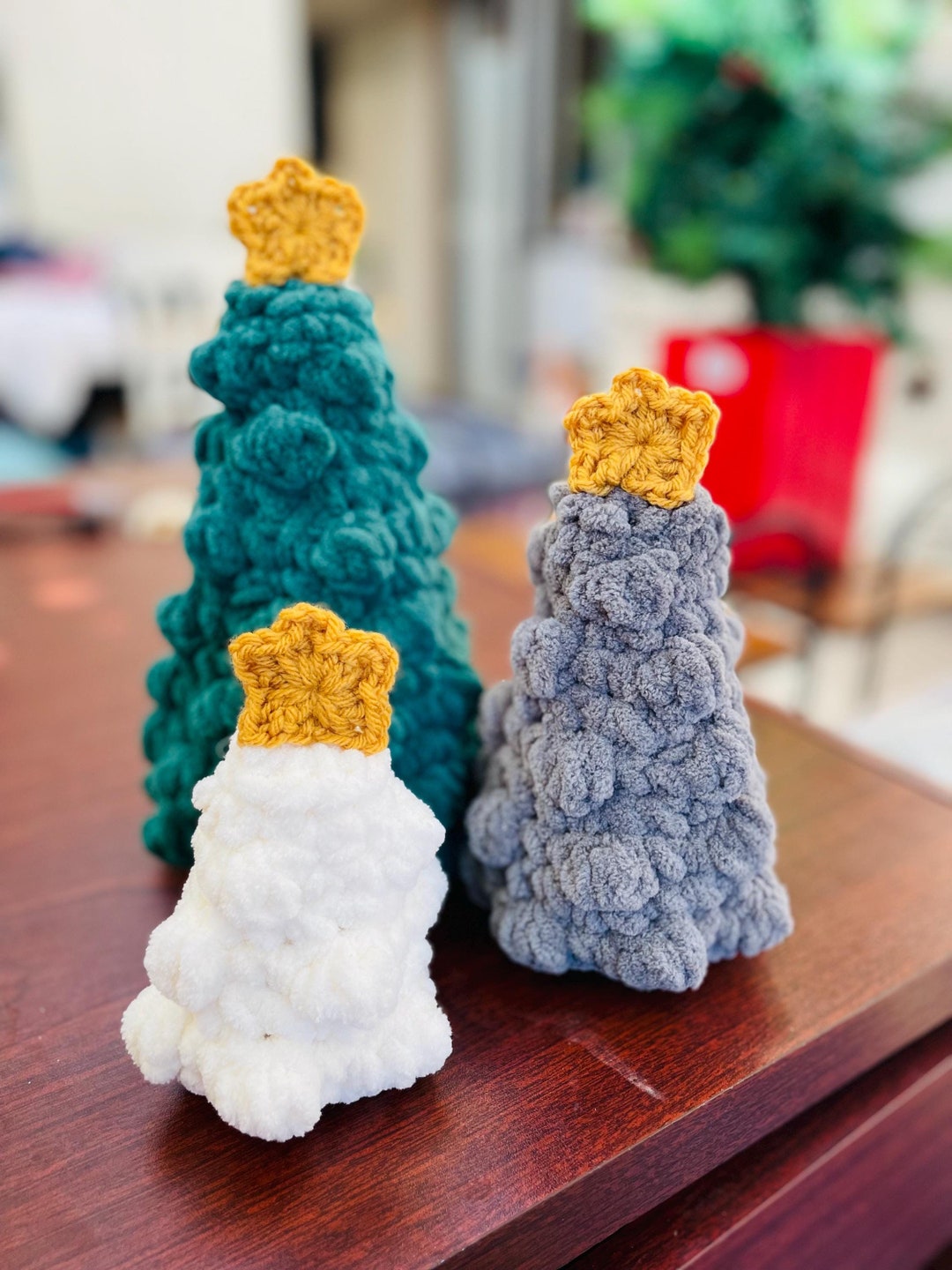 Crochet Christmas Trees With Stars Small Medium Large Sizes Green White ...