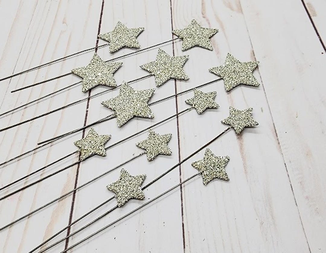 Silver Glass Glitter Star Picks 2 Sizes 12 Pcs on Wire - Etsy