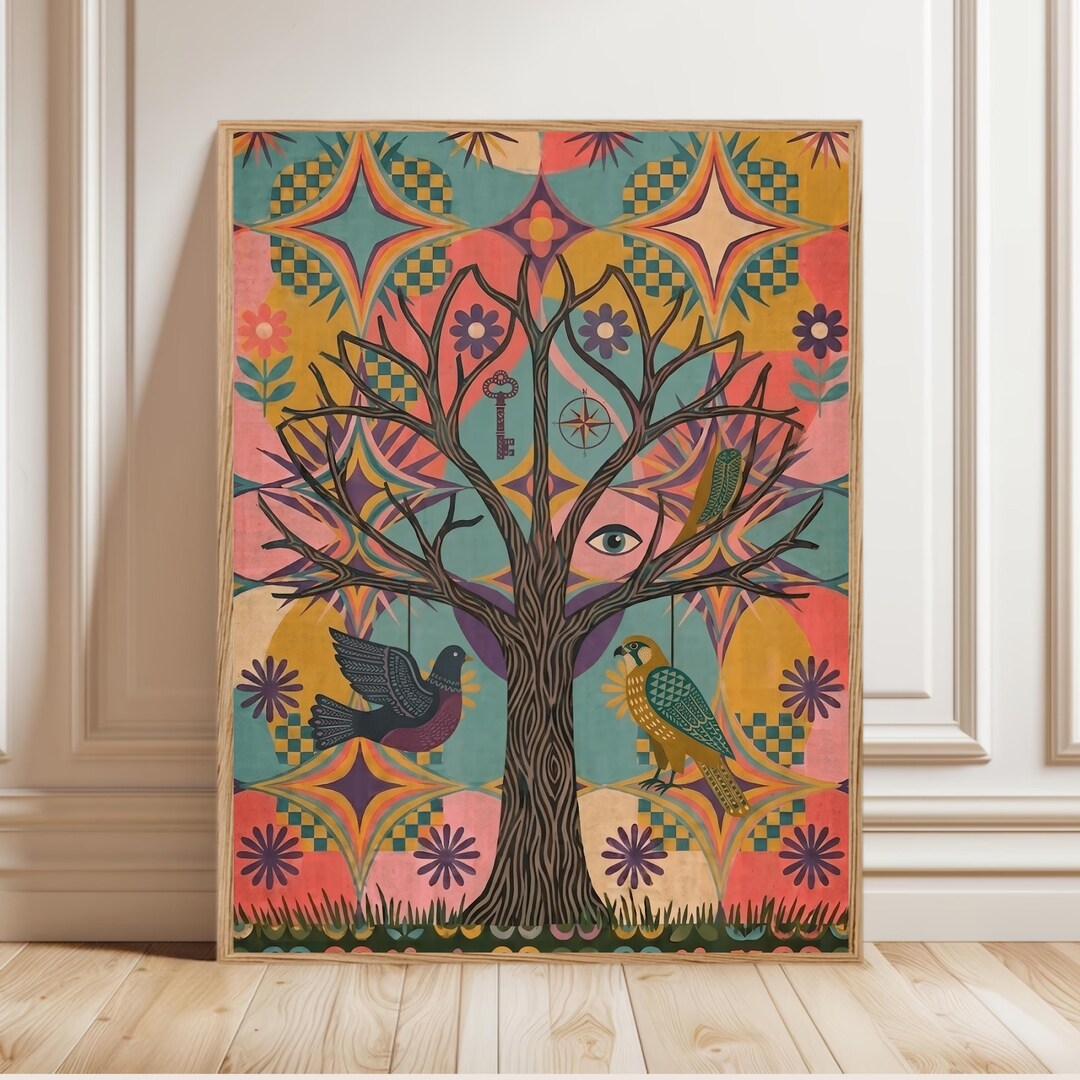 Colorful Tree of Life Wall Art, Whimsical Folk Poster, Rainbow Bird ...