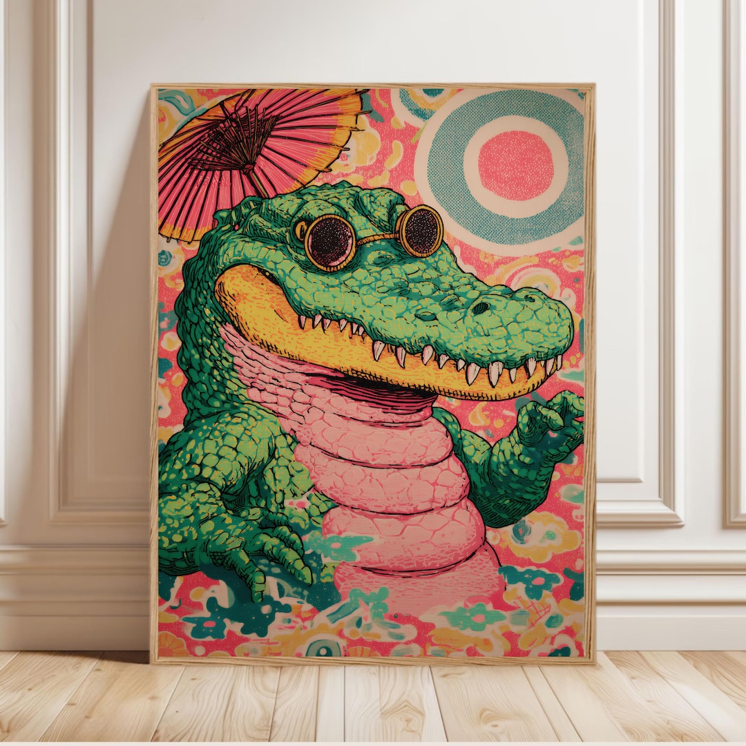 Colorful Whimsical Funny Animal Art, Modern Folk Art Alligator Canvas ...