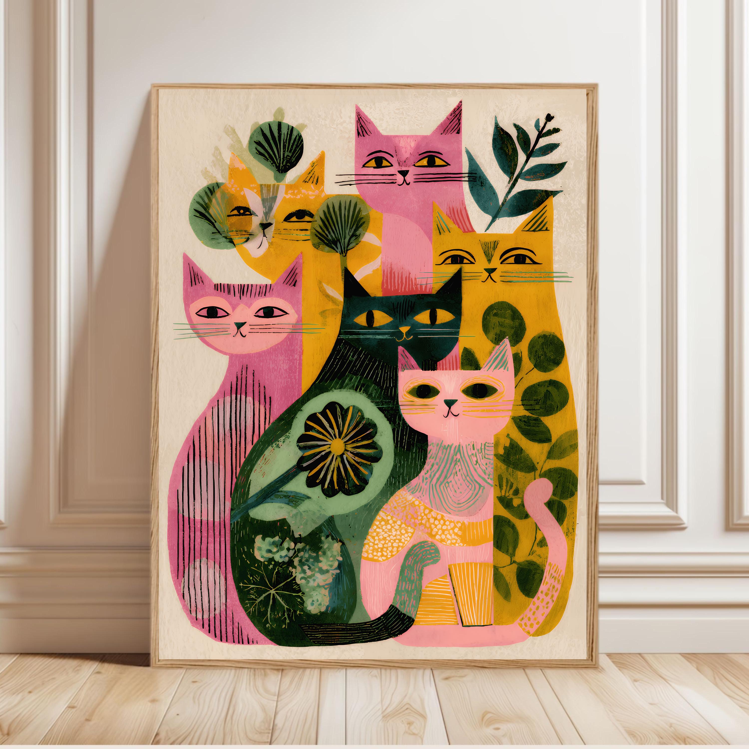 Retro Cat Wall Decor, Colorful Mid Century Art Print, Eclectic Home ...