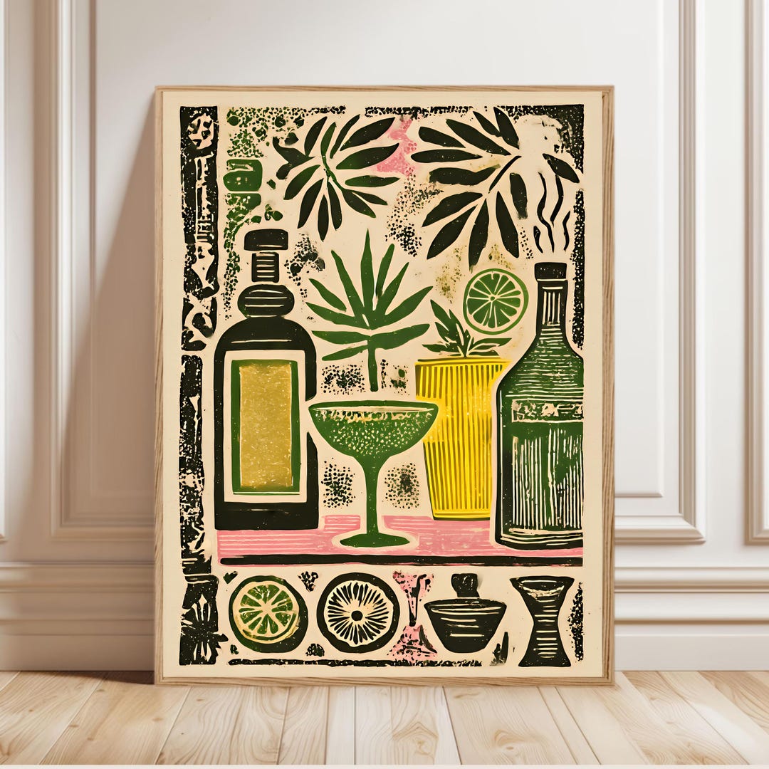 Retro Folk Cocktail Wall Art, Tropical Botanical Bar Print, Modern ...