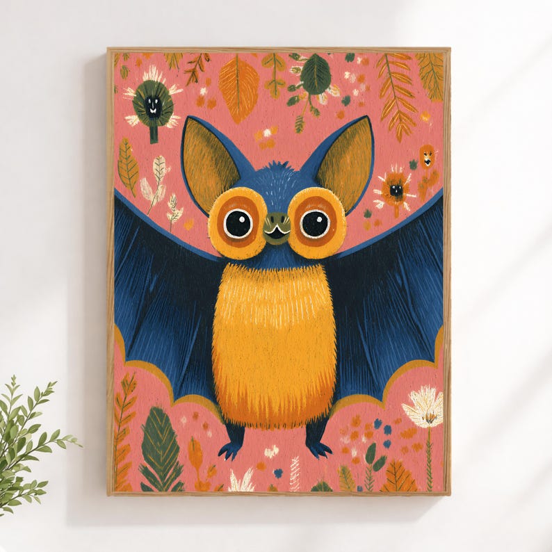Cute Bat Wall Art, Whimsical Animal Poster, Colorful Nursery Decor ...