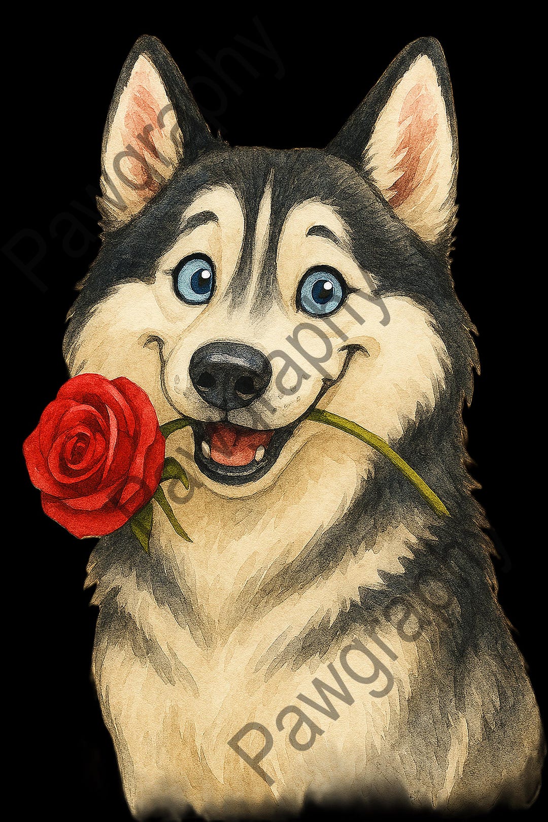 Flirting Husky Dog Art Print | Smiling Siberian Husky With Rose ...