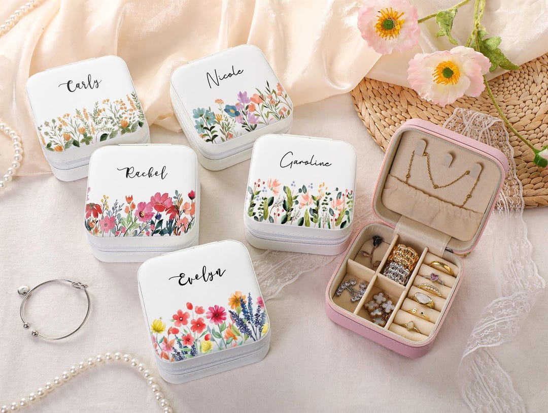 Floral Leather Travel Jewelry Box,custom Name Jewelry Box,christmas ...