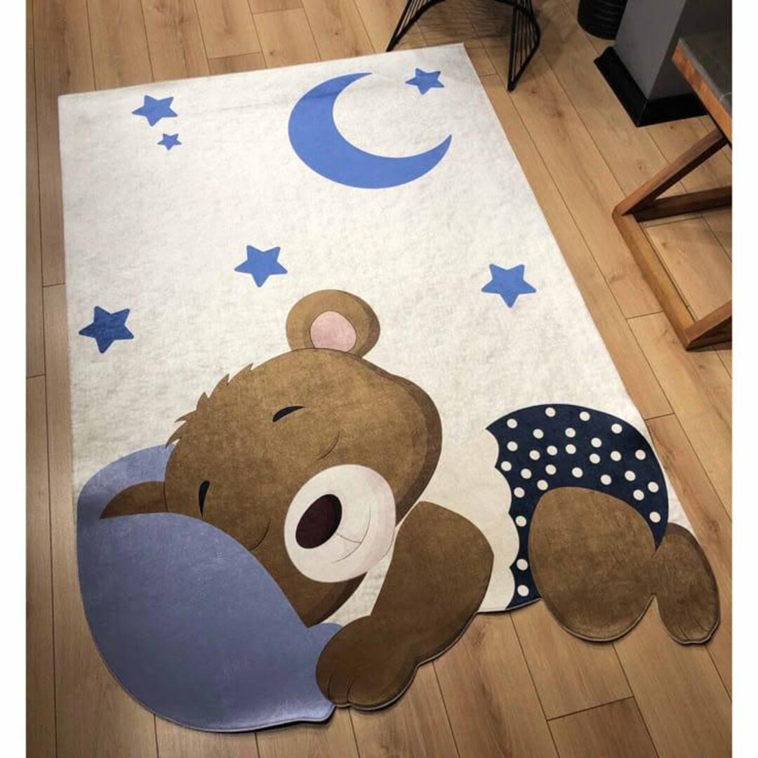 Hand Tufted Kids Rug – Sleeping Teddy Bear Design With Moon & Stars ...