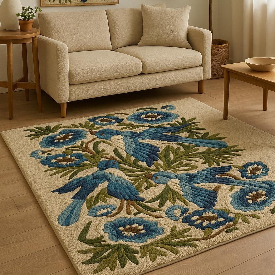 Artisan 5x8 Rug – Blue Birds & Blooming Flowers | Elegant Carpet - Etsy