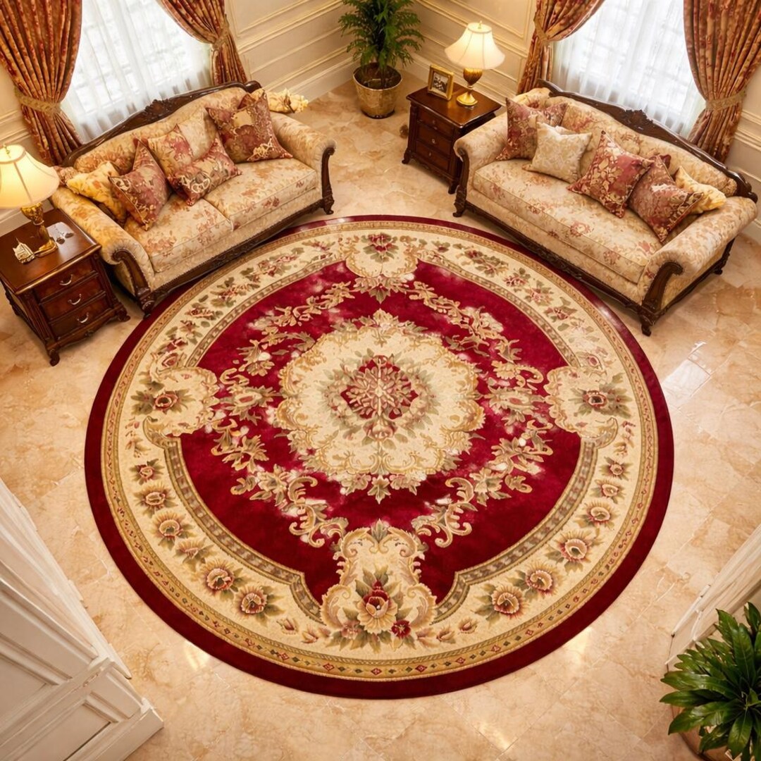 Round Red Abushan Hand Tufted Rug – Floral Wool Area Rug – Traditional ...
