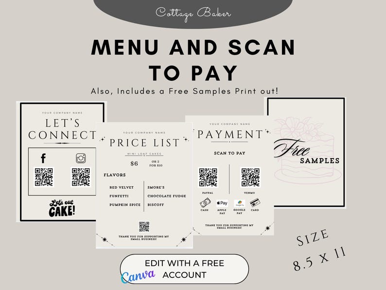 Simple Cake Menu and Scan to Pay Signs- Mini Loaf Menu- Baker Menu and ...