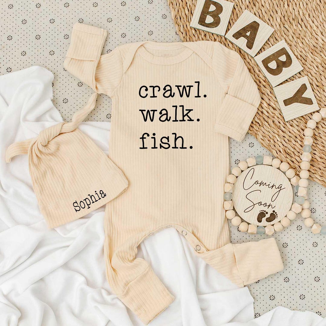 Crawl Walk Fish Baby Bodysuit and Hat Set, Fishing Baby Clothes, Love ...