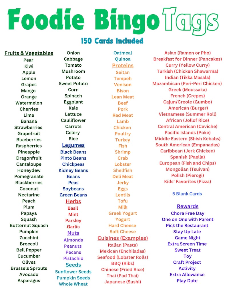 Foodie Bingo - Kids Healthy Eating Reward Chart - Etsy