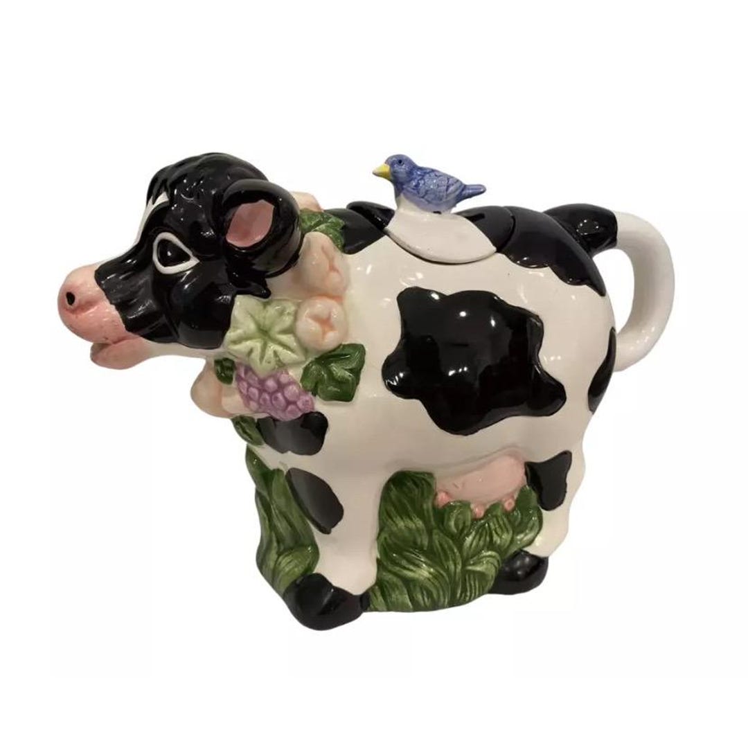 Vintage 1993 Wang's Ceramic Cow Teapot Black White Holstein Blue Bird ...