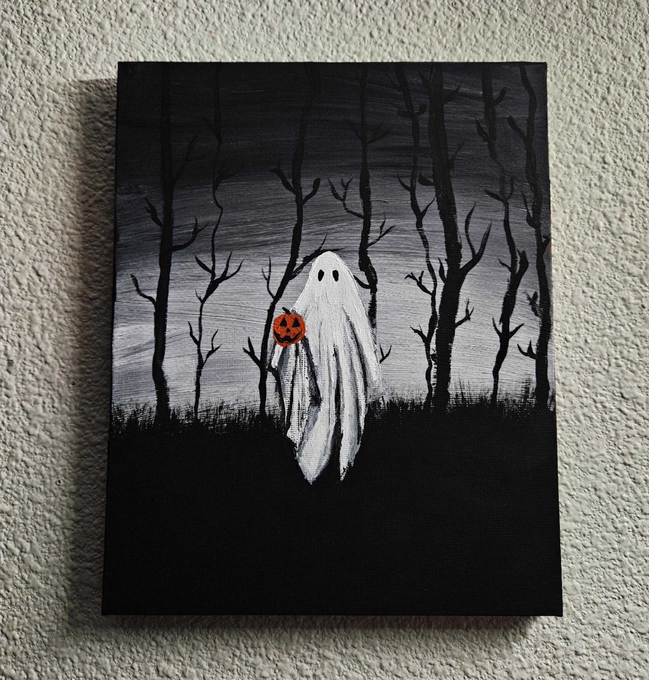 Hand Painted Ghost Forest Painting Holding a Pumpkin - Etsy