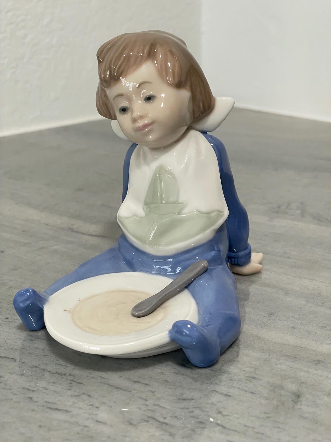 Vintage Lladro Porcelain Figurine: Baby Boy With Cereal Bowl, 'i'm Full ...