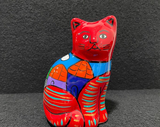 Red Mexican Art Pottery Cat Kitten Figurine Hand Painted Signed Isidoro ...