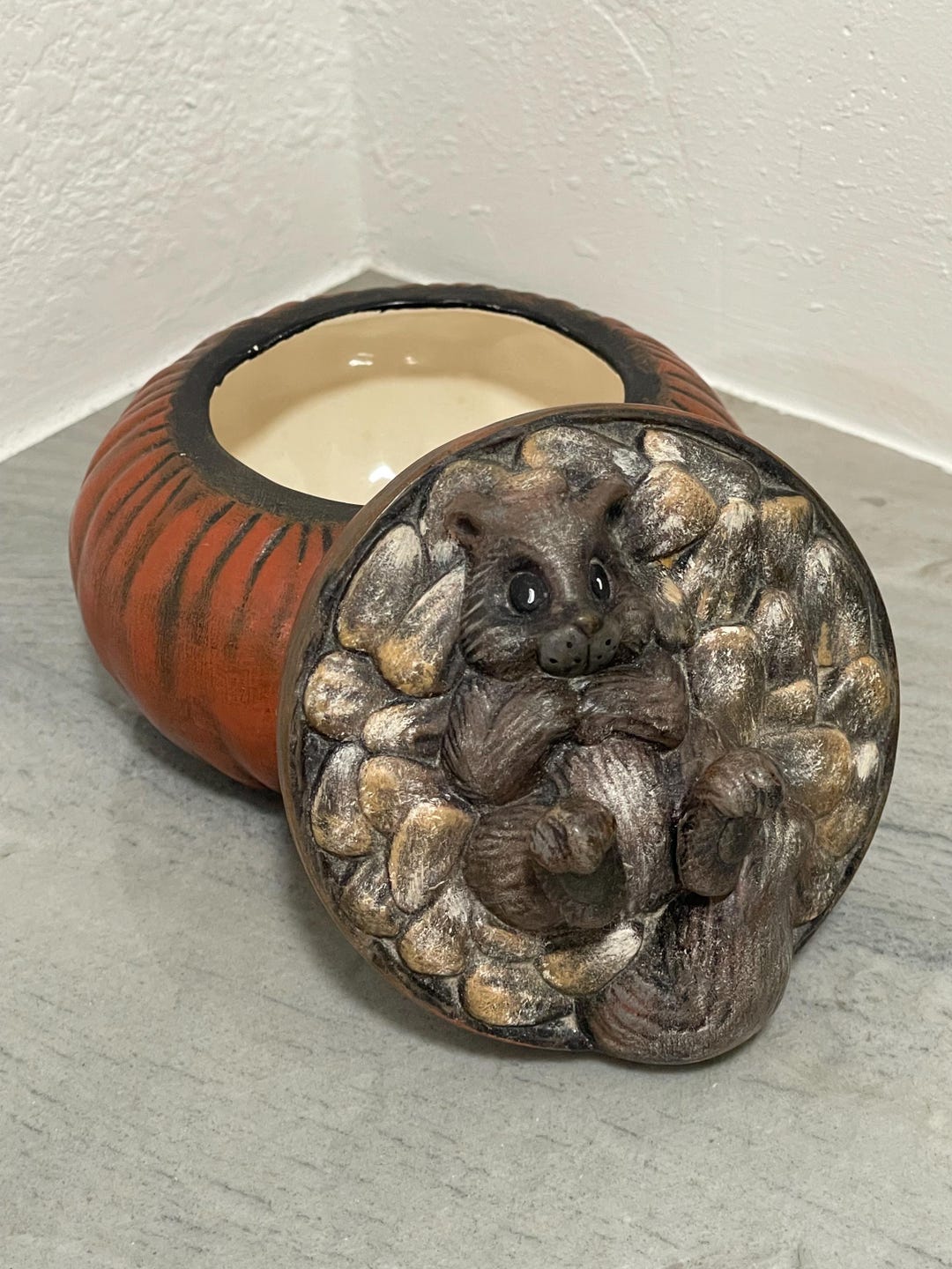 Chipmunk Laying on Pumpkin Seeds Vintage Ceramic Autumn Fall Lidded ...
