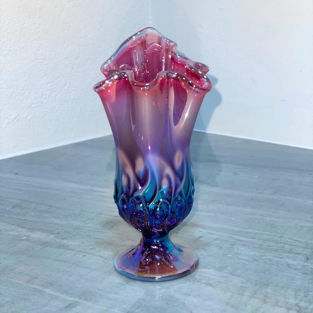 Fenton Lily of the Valley Plum Opalescent Iridescent Swung Glass Footed ...