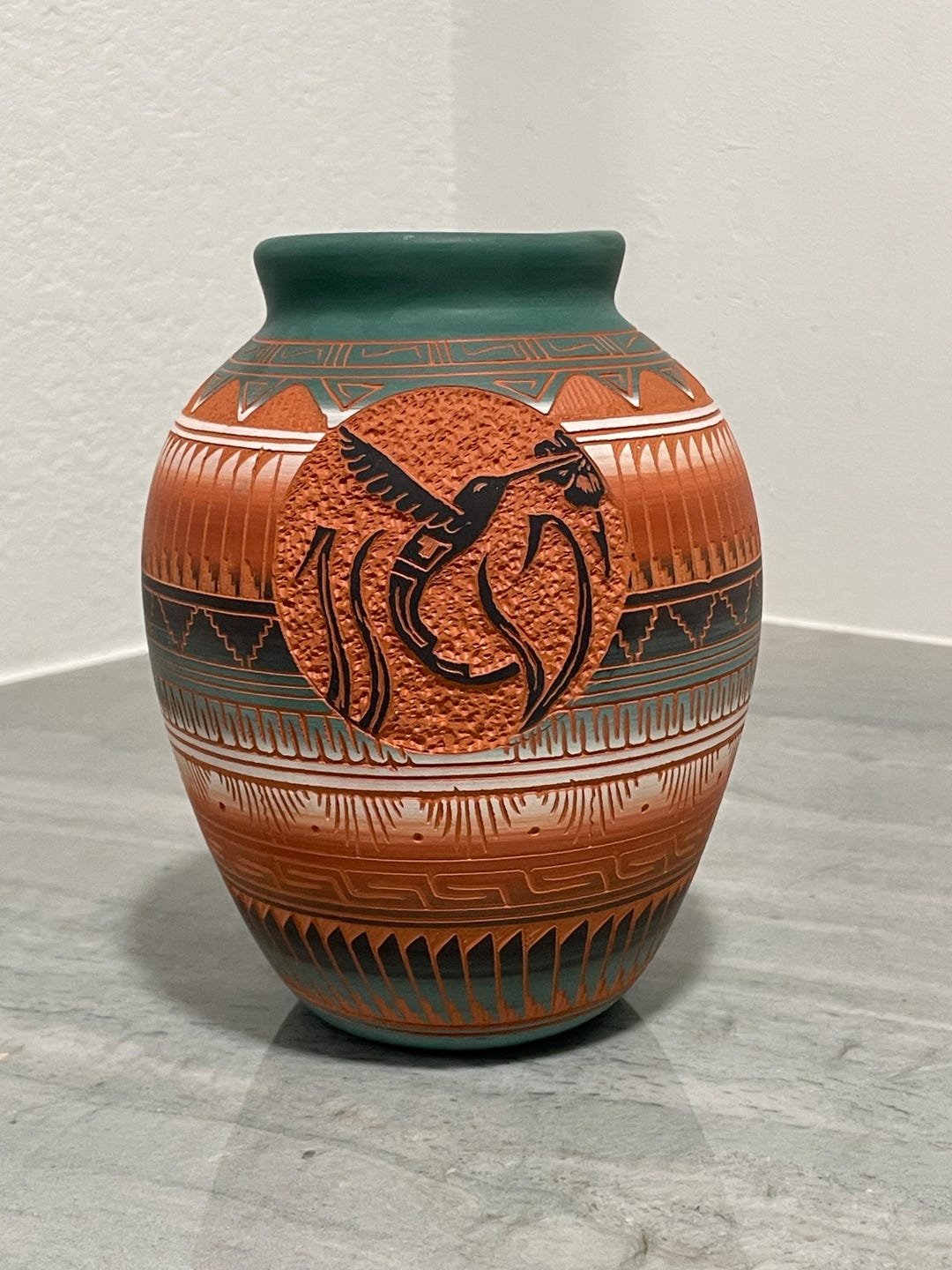 Signed Etched Navajo Pot in Ombre Terracotta Teal Colors, Native ...