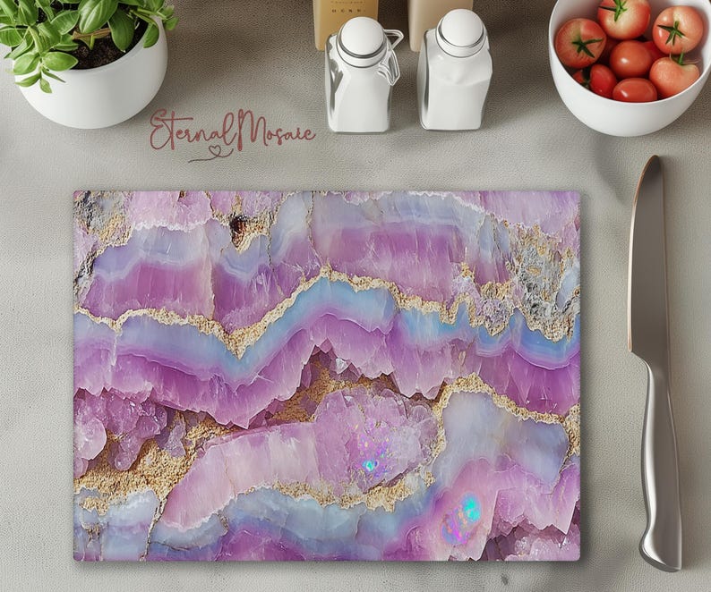 Pink Blue Crystal Geode Marble Stone Tempered Glass Cutting Chopping ...