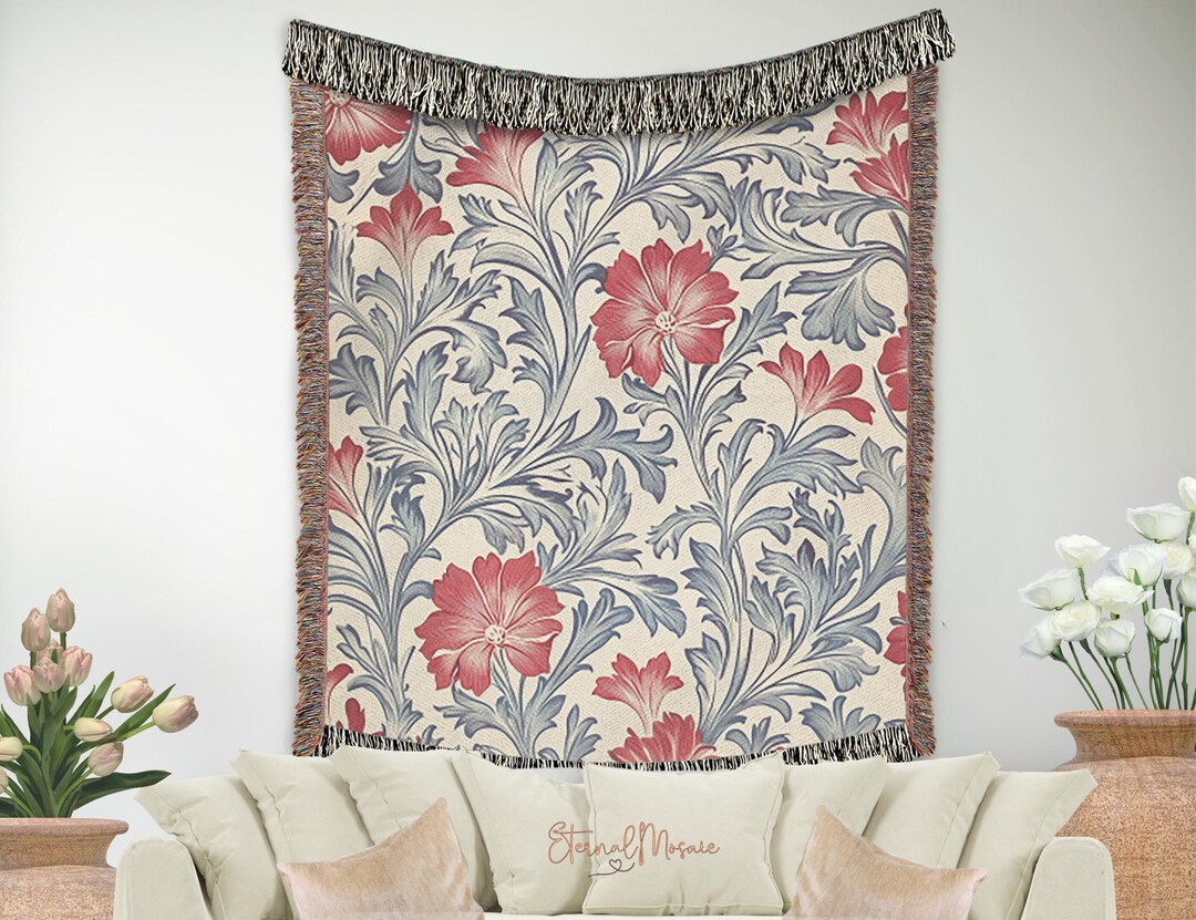 Red Blue Vintage William Morris Botanical Floral Leaves Quilt Throw ...