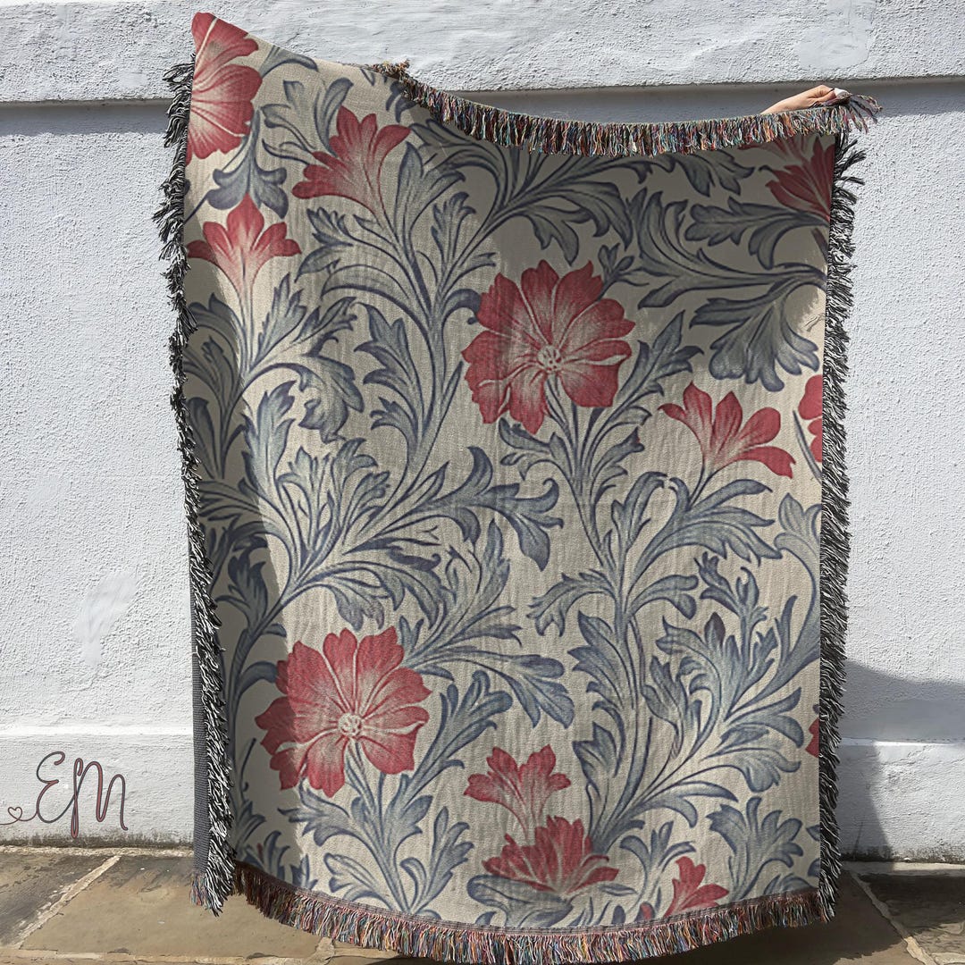 Red Blue Vintage William Morris Botanical Floral Leaves Quilt Throw ...