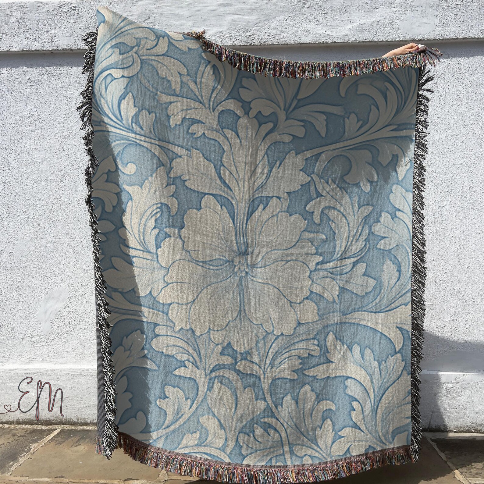 Light Blue William Morris Botanical Floral Leaves Flowers Quilt Throw ...