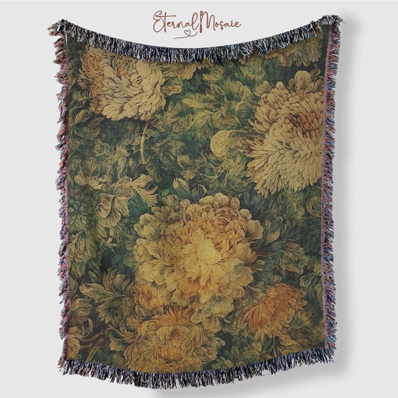 Cottagecore Green Gold Floral Flowers Cotton Throw Blanket Tapestry ...