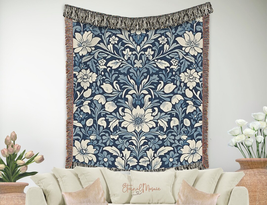 Blue William Morris Botanical Floral Leaves Flowers Quilt Throw Blanket ...