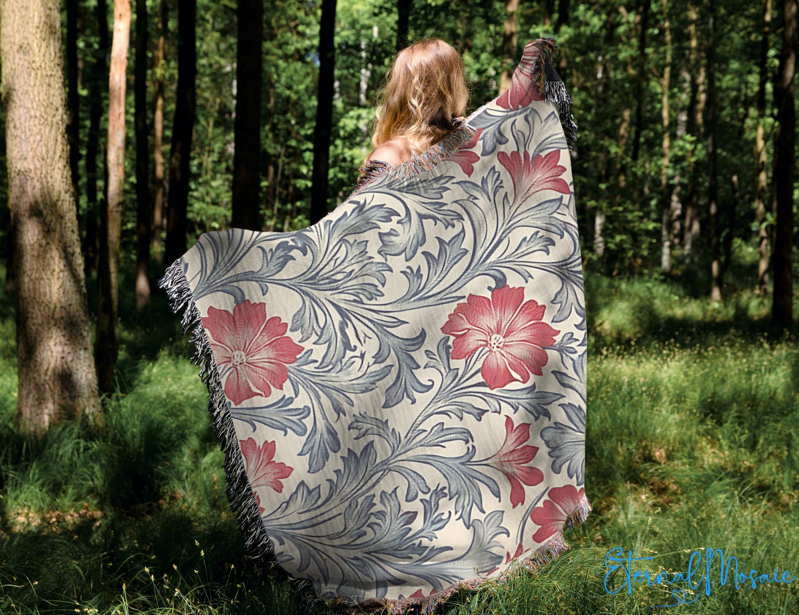 Red Blue Vintage William Morris Botanical Floral Leaves Quilt Throw ...