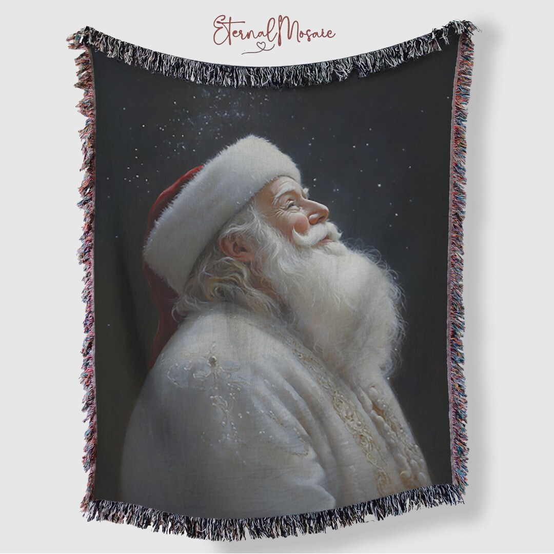 Traditional Vintage Starry Night Santa Clause Woven Christmas Blanket ...