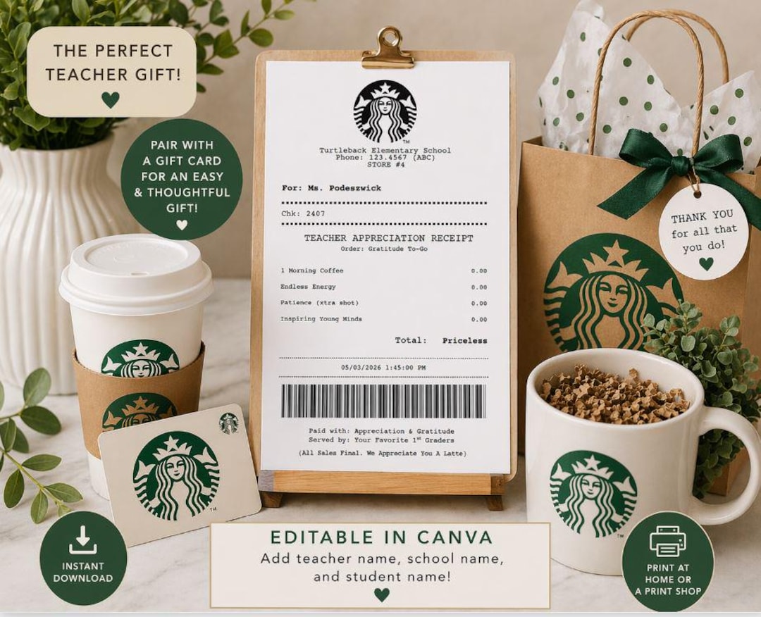 Teacher Appreciation Receipt, Starbucks Inspired, Editable Canva ...