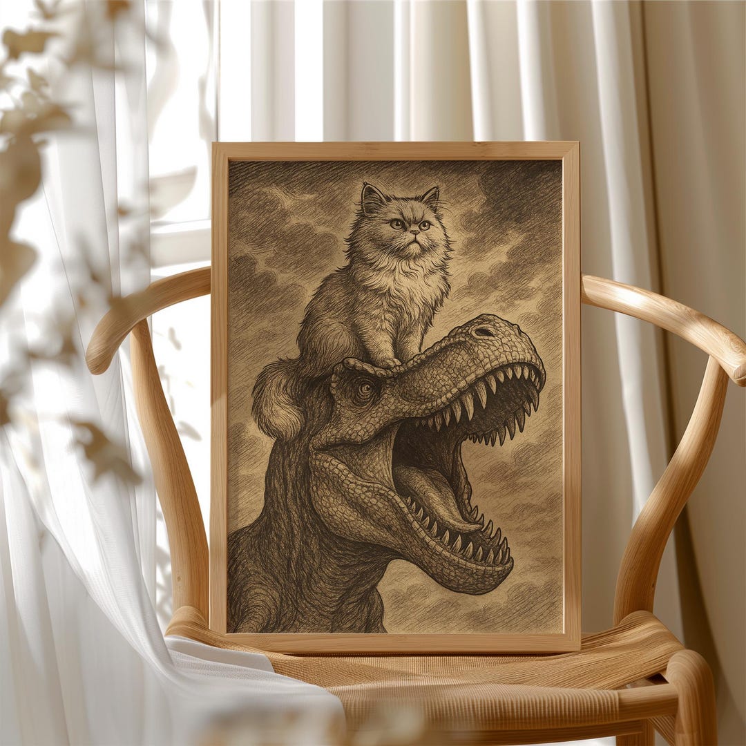 Persian Cat Riding T-rex Art Print: Sepia Dinosaur Fantasy Wall Decor ...