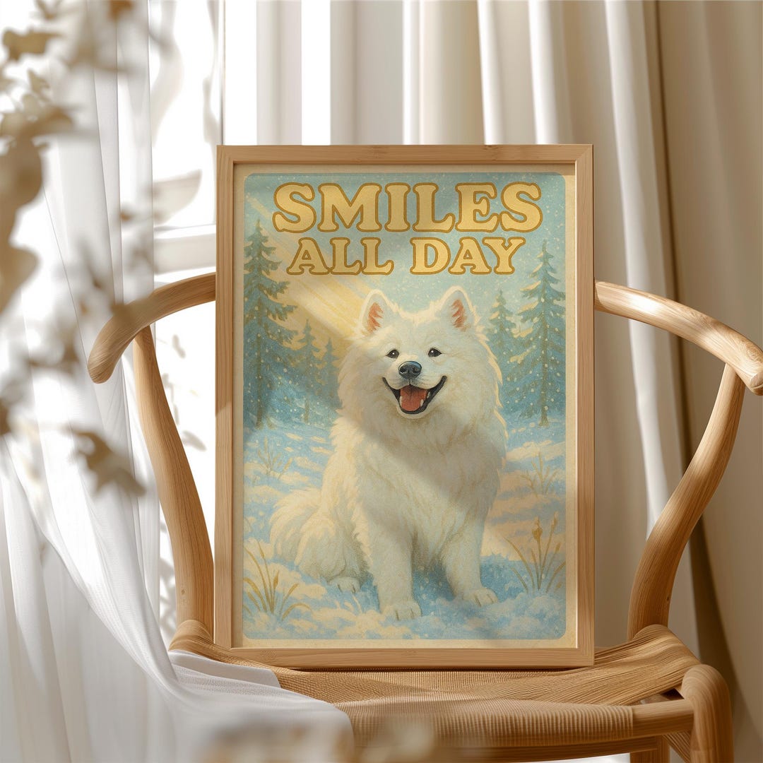 Smiling Samoyed Art Print: Vintage Winter Dog Poster - Etsy