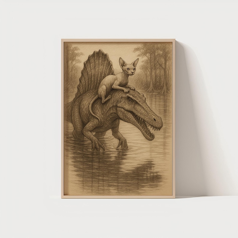 Sphynx Cat Riding Spinosaurus Wall Print: Sepia Dinosaur Fantasy Art ...