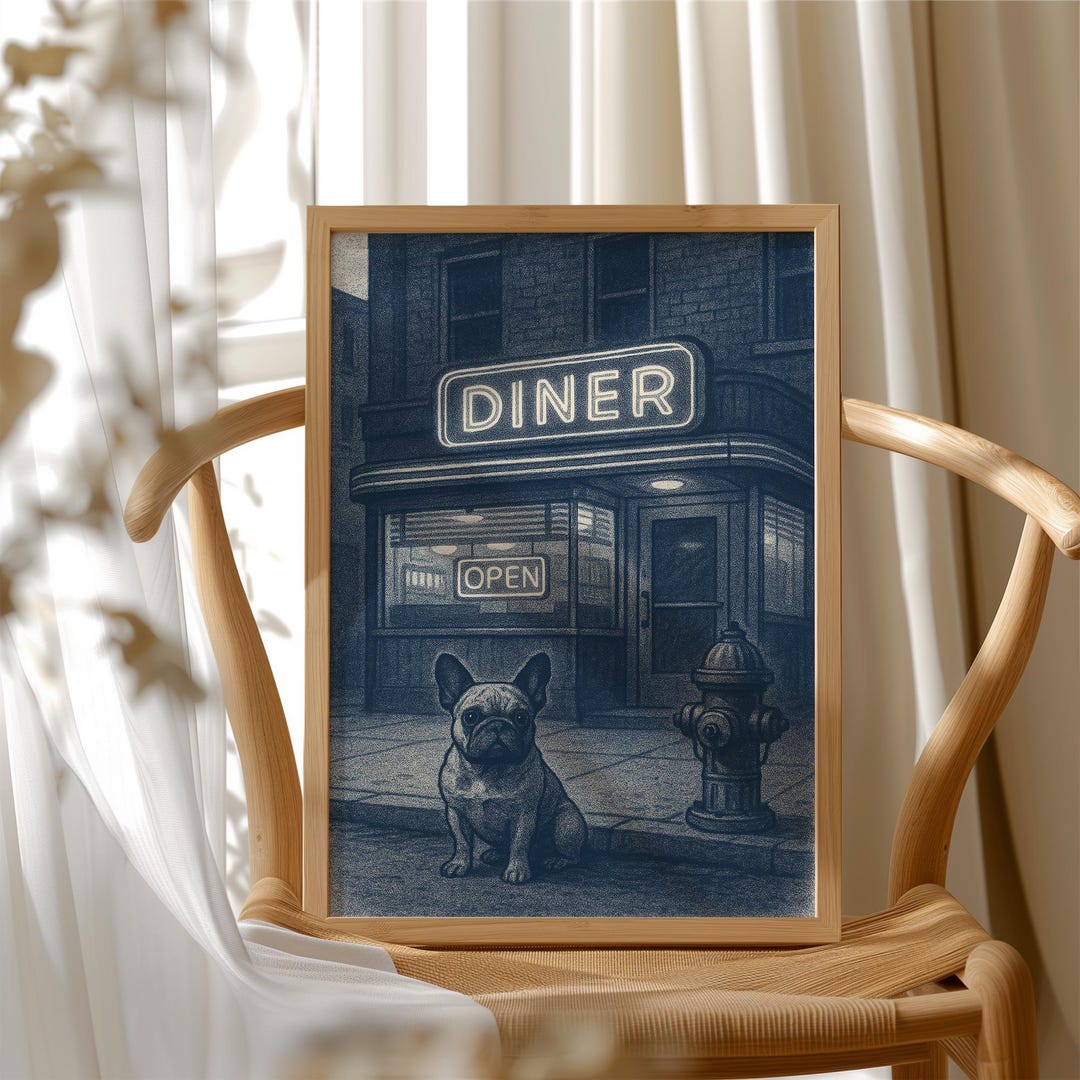 French Bulldog Diner Poster, Frenchie Vintage Night Dog Art, Noir Dog ...
