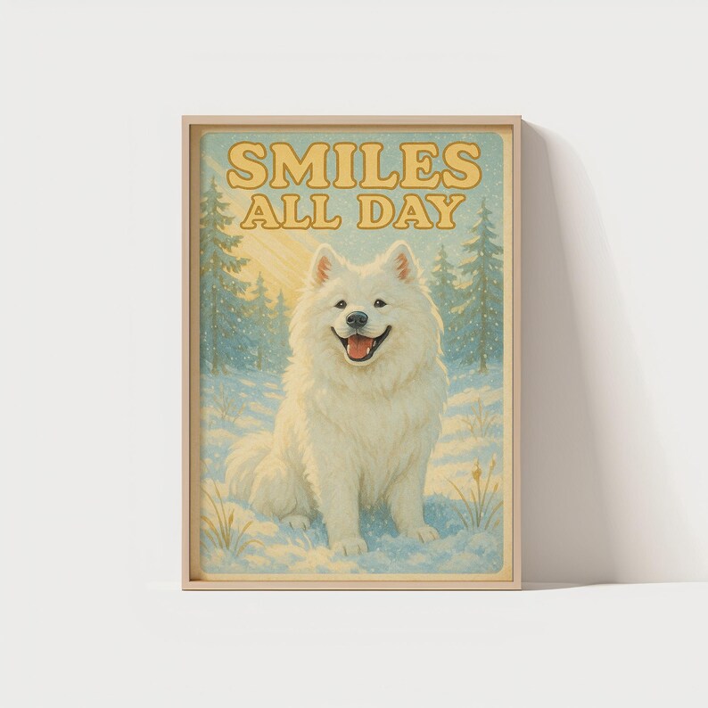 Smiling Samoyed Art Print: Vintage Winter Dog Poster - Etsy