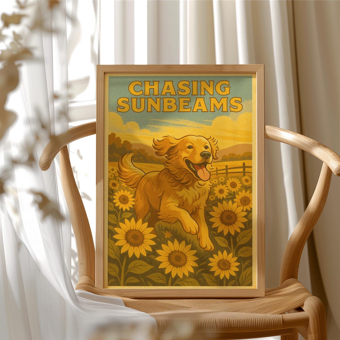 Golden Retriever Sunflower Field Art Print: Retro Dog Decor - Etsy