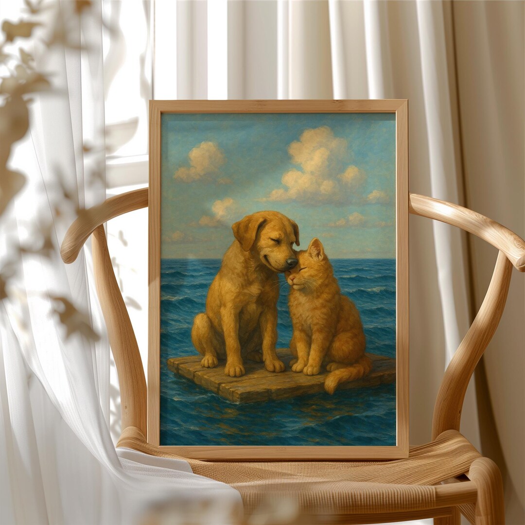 Dog and Cat Raft Poster, Ocean Pet Wall Art, Wholesome Animal Print ...