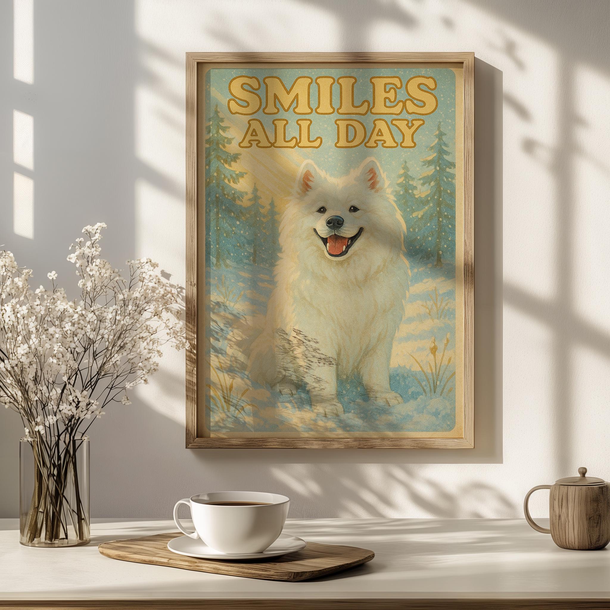 Smiling Samoyed Art Print: Vintage Winter Dog Poster - Etsy