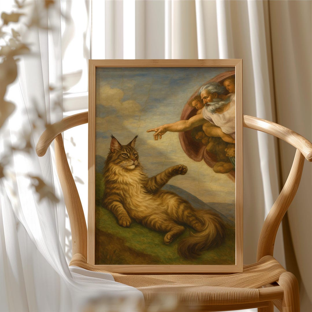 Michelangelo Maine Coon Meme Wall Art, Cat Renaissance Pet Print, Funny ...